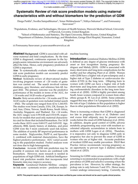 Pdf Systematic Review Of Risk Score Prediction Models Using Maternal Characteristics With And
