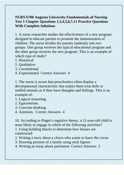 Nurs 6700 Augusta University Fundamentals Of Nursing Test 1 Chapter Questions 1 3 4 5 6 7 11