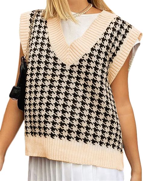 Women Argyle Sweater Vest Y2k Plaid Knit Sleeveless Streetwear Preppy V