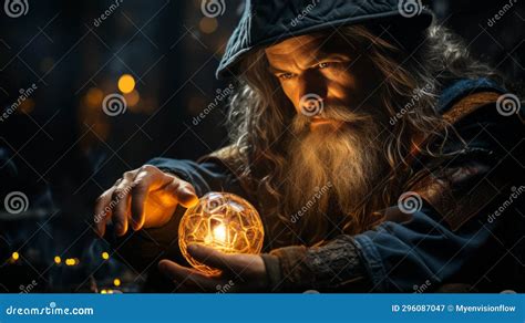 A Man With Long Hair And A Beard Holding A Glowing Ball Stock