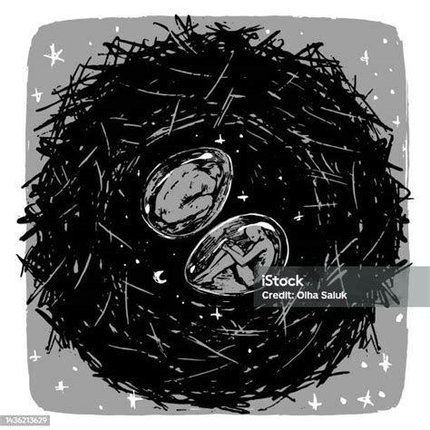 사람들과 알이있는 새 둥지 생명을 창조하는 개념 인류의 출현 흑백 손으로 그린 벡터 일러스트레이션 흰색에 고립 된 추상적 인 그림 그래픽 프린트에 대한 스톡 벡터 아트 및