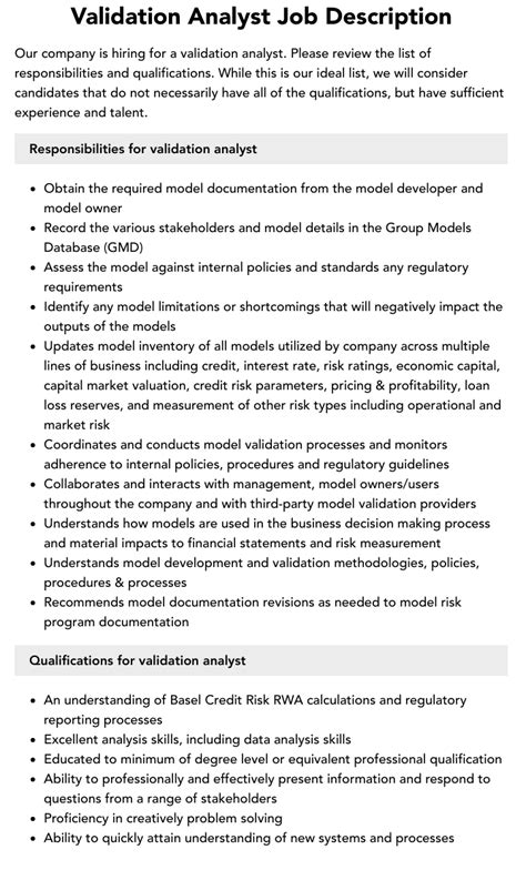 Validation Analyst Job Description Velvet Jobs
