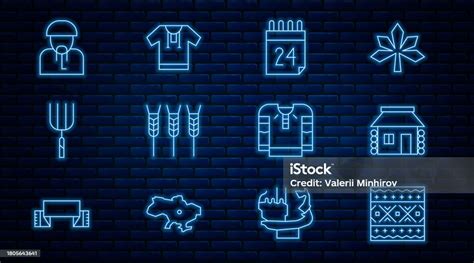 세트 라인 우크라이나 민족 패턴 집 우크라이나의 독립 기념일 밀 정원 갈퀴 코사크 수 놓은 셔츠와 아이콘 벡터 0명에 대한 스톡