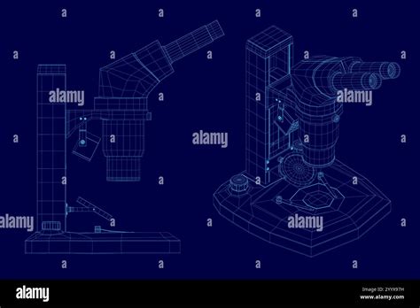 Vector Illustration Wireframe 3d Set Microscope Science Lab Magnify