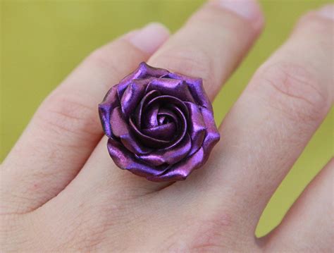 Large Rose Ring Purple Flower Ring Violet Flower Ring Polymer Etsy