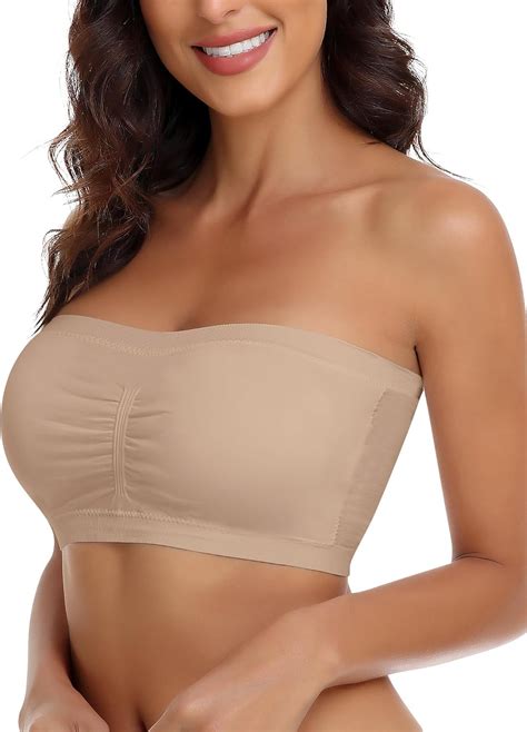 Documo Women Strapless Bra Padded Bandeau Bra Beige Strapless Small