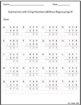 Subtraction With 3 Digit Numbers Without Regrouping TPT