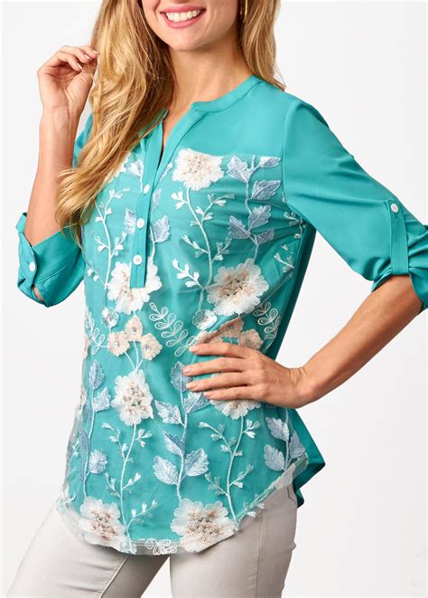 Mesh Stitching Embroidered Split Neck Cyan Blouse Rosewe USD 9 99