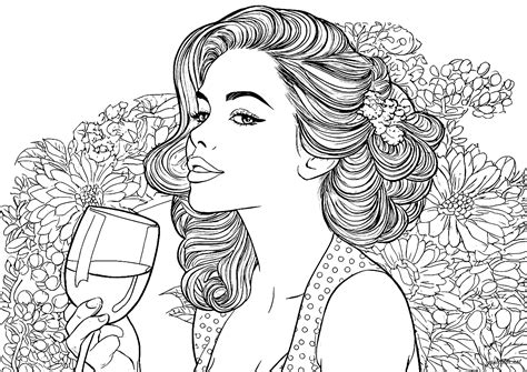 Pretty Woman And Glass Of Wine 1950s Pin Up Coloring Pages