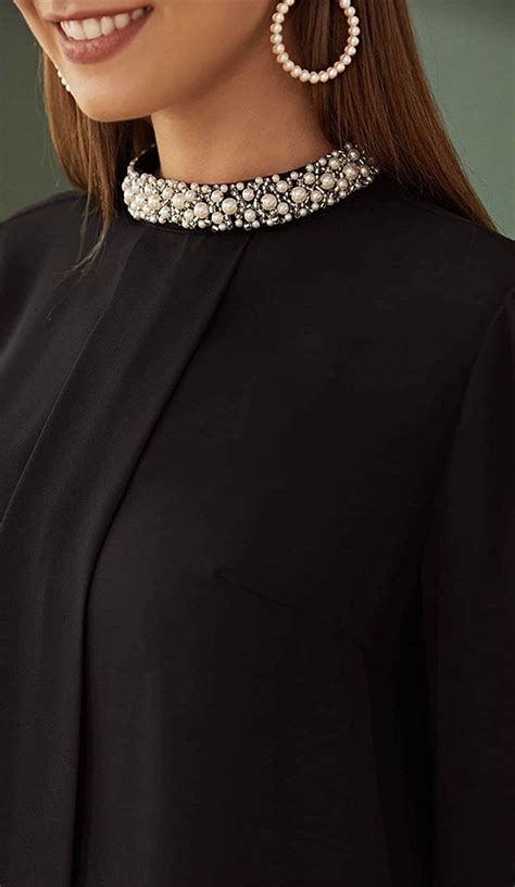 Makemechic Womens Pearls Beaded Mock Neck Keyhole Back Long Sleeve