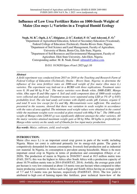 Pdf Influence Of Low Urea Fertilizer Rates On 1000 Seeds Weight Of Maize Zea Mays L