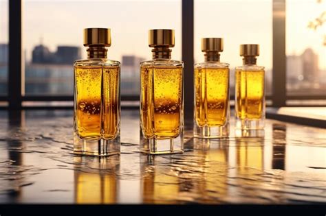 Premium Photo Golden Perfume Bottles With Grandiose Cityscape View