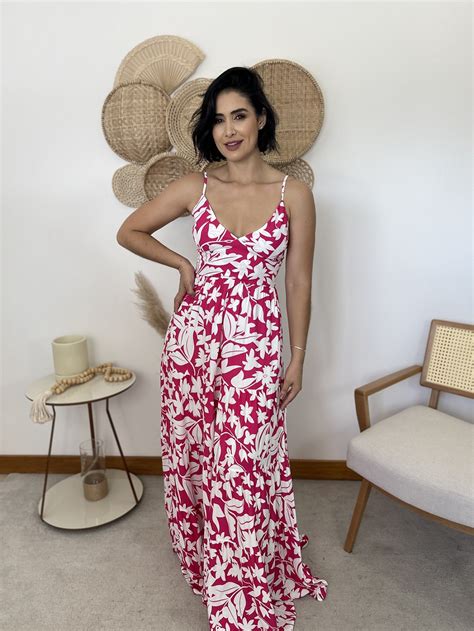 Vestido Longo De Alça Estampado Flora Rosa Imporium Moda Feminina