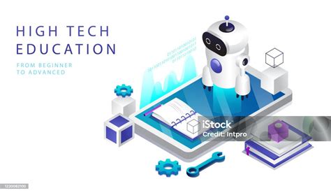 하이테크 교육의 아이소메트릭 개념 웹 사이트 방문 페이지 로봇의 모델링 프로그래밍 코딩 및 자동화의 원격 과정 스마트 폰에 패션 로봇 웹 페이지 벡터 일러스트레이션 로봇에