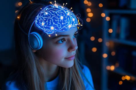 Neurophotonics Brainwave Analysis And Brain Capacity Young Woman Wearing Glowing Neural Headgear