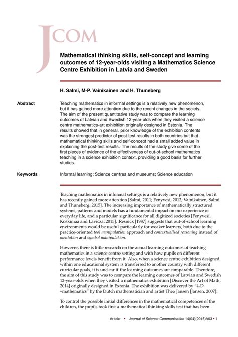 Pdf Mathematical Thinking Skills Self Concept And Learning Outcomes