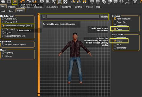export animate makehuman character with bvh using three js blender