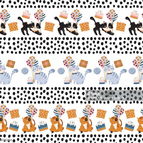 귀여운 파티 고양이 생일 테마 완벽 한 패턴 벡터 일러스트 레이 션 0명에 대한 스톡 벡터 아트 및 기타 이미지 0명 계절