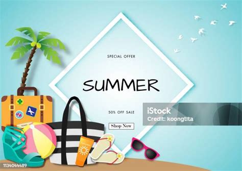 여름 액세서리 벡터 일러스트 레이 션 템플릿 배너 바탕 화면 초대장 포스터 브로셔 바우처 할인의 종이 아트와 서머 세일 배경입니다 가방에 대한 스톡 벡터 아트 및 기타