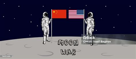 미국과 중국 의 달 전쟁 중국과 미국 국기의 우주 비행사 달에 두 개의 우주 비행사 플래그 개념에 대한 스톡 벡터 아트 및 기타