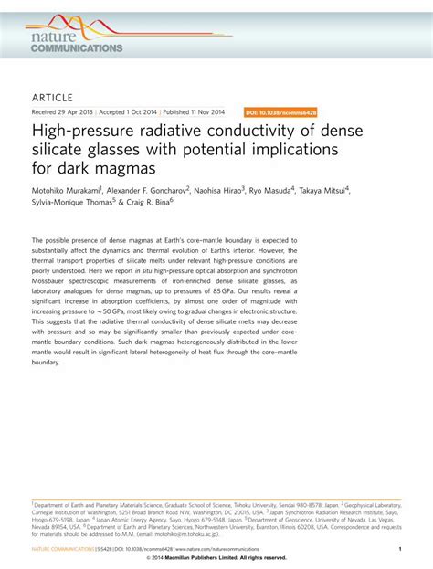 Pdf High Pressure Radiative Conductivity Of Dense Silicate Glasses