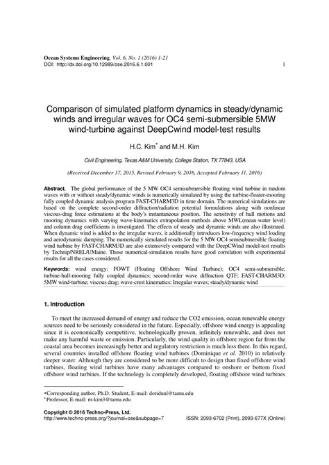 Pdf Comparison Of Simulated Platform Dynamics In Steady Dynamic Winds And Irregular Waves For