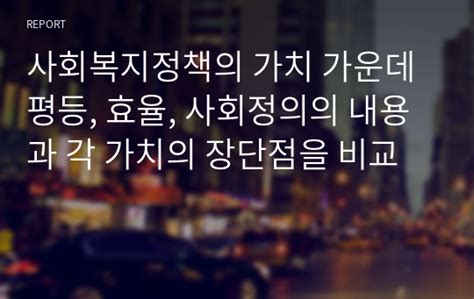 사회복지정책의 가치 가운데 평등 효율 사회정의의 내용과 각 가치의 장단점을 비교 레포트