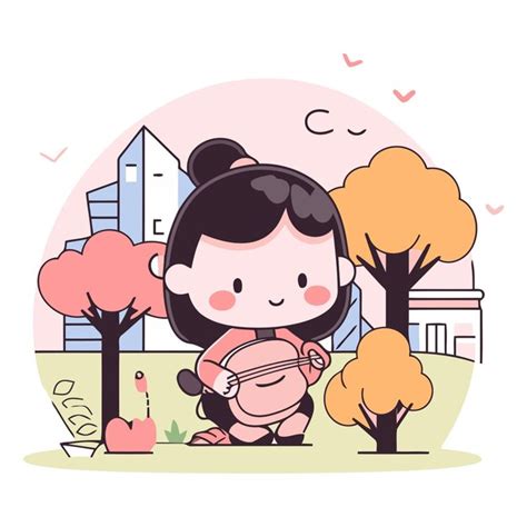 도시 공원에서 바이올린을 연주하는 귀여운 소녀 터 평평한 만화 일러스트레이션 프리미엄 벡터