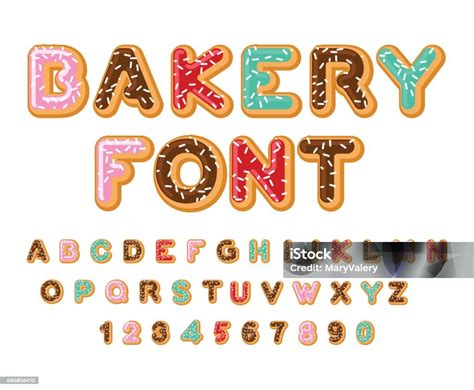 베이커리 폰트입니다 도넛 Abc입니다 편지 오일에에서 구운 초콜릿 장식 및 뿌리입니다 식용 인쇄 술입니다 음식 글자입니다 도넛형 알파벳입니다 도넛에 대한 스톡 벡터 아트 및