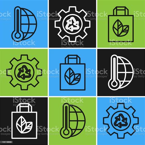 세트 라인 기상 온도계 측정 재활용 및 재활용 기호 및 기어 아이콘종이 쇼핑 백 벡터 가방에 대한 스톡 벡터 아트 및 기타 이미지 가방 기상학 기어 기계 부분