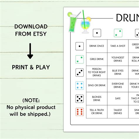 Printable Drunk Dice Game Drinking Game For Adults Alcohol Game Printable Party Game