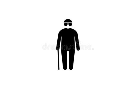 Icon Of Blind Man With Sunglasses And Cane On White Background Stock