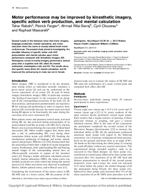 Pdf Motor Performance May Be Improved By Kinesthetic Imagery