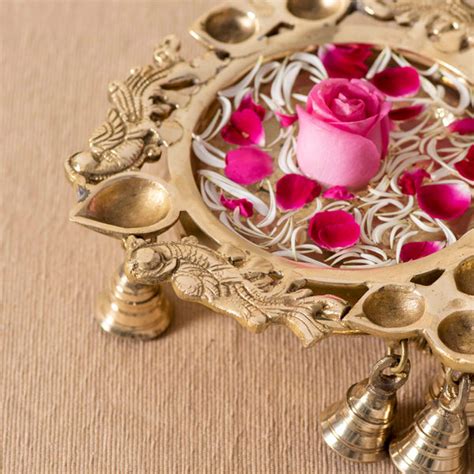 Brass Decorative Urli With Peacock And Bells 8 Inch Darbar Craft