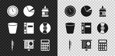 시계 원형 차트 인포 그래픽 접착제 펜 다이어그램이있는 칠판 계산기 휴지통 및 Office 폴더 아이콘을 설정합니다 벡터 0명에 대한 스톡 벡터 아트 및 기타 이미지