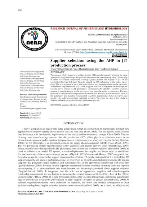 Pdf Supplier Selection Using The Ahp In Jit Production · Pdf Filein