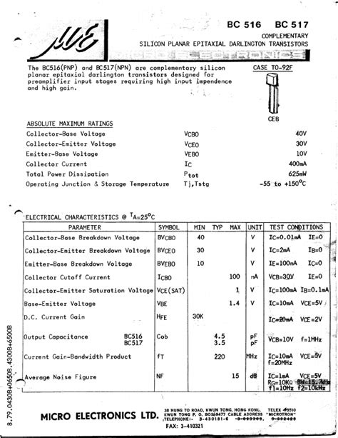 Bc517 Datasheet Complementary Silicon Planar Epitaxial Darlington