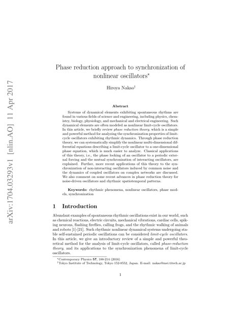 Pdf Phase Reduction Approach To Synchronisation Of Nonlinear Oscillators
