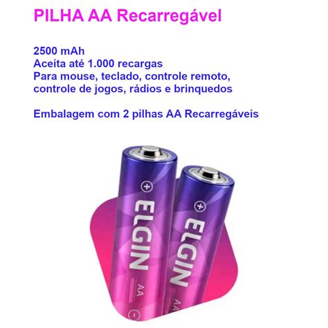 Pilha AA Recarregável Elgin Kit 2 pilhas WebStore