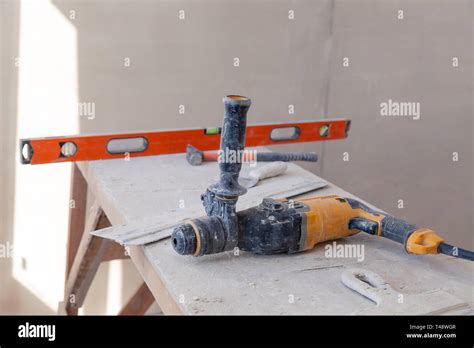 Closeup Dusty Construction Building Tools On The Scaffolding Drill