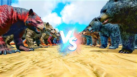 20 Thylacoleo Vs 50 Dire Bear Ark Epic Dinos Battle Dinoworld