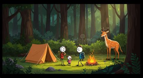 Pixel Art Illustration Of Stick Figures Camping Next To Deer In Forest