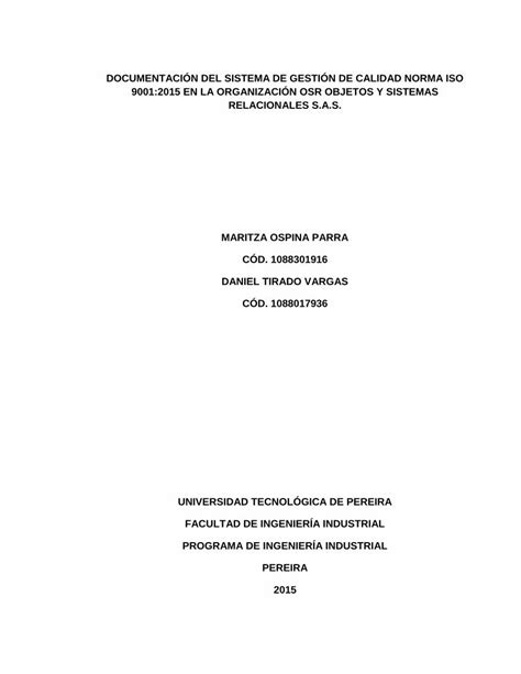 PDF documentación del sistema de gestión de calidad norma iso 9001