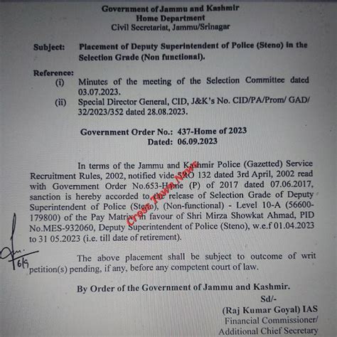 Jandk Govt Orders Placement Of Dysp In The Selection Grade