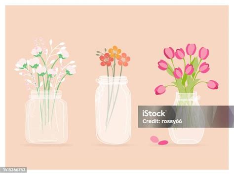 흰색 배경에 고립 된 꽃병과 병에 야생 및 정원 피는 꽃의 컬렉션 유리 화병에 꽃다발 묶음 장식 인테리어에 꽃과 함께 일러스트