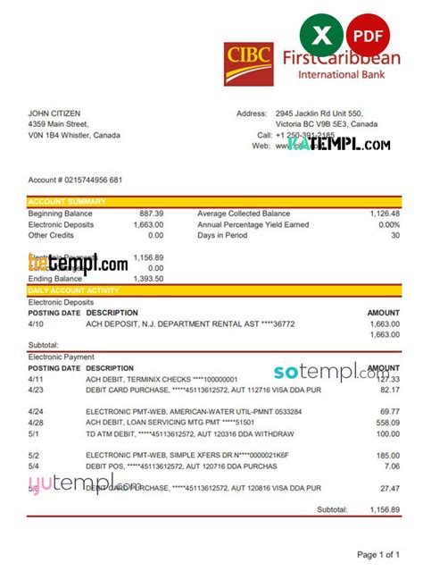 Canada Cibc Bank Statement Template In Excel And Pdf Format Autosum