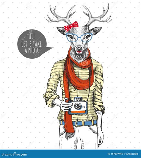 Retro Hipster Animal Deer With Photo Camera Woman Model Stock Vector