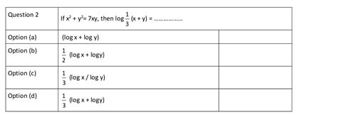 Question 2 If X2 Y2 7xy Then Log 13xy Option A Log X Log Y Option B 12log X