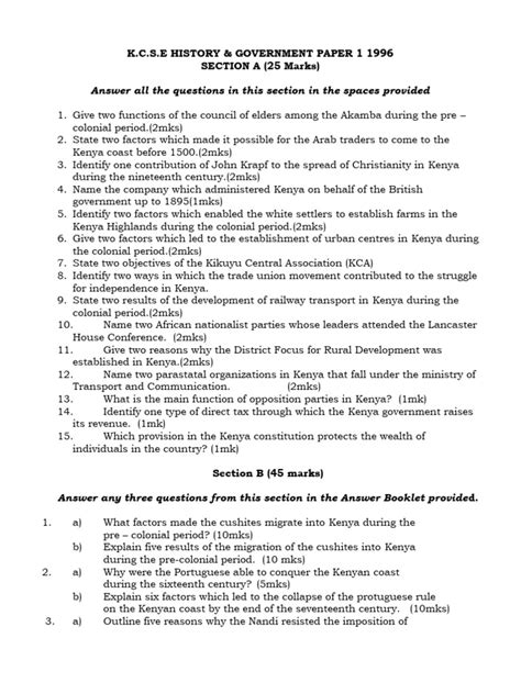 Kcse History Questions Pdf