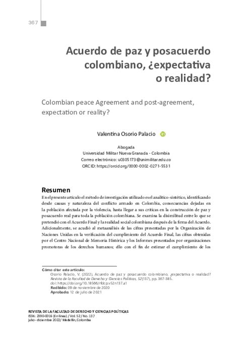 Pdf Acuerdo De Paz Y Posacuerdo Colombiano ¿expectativa O Realidad